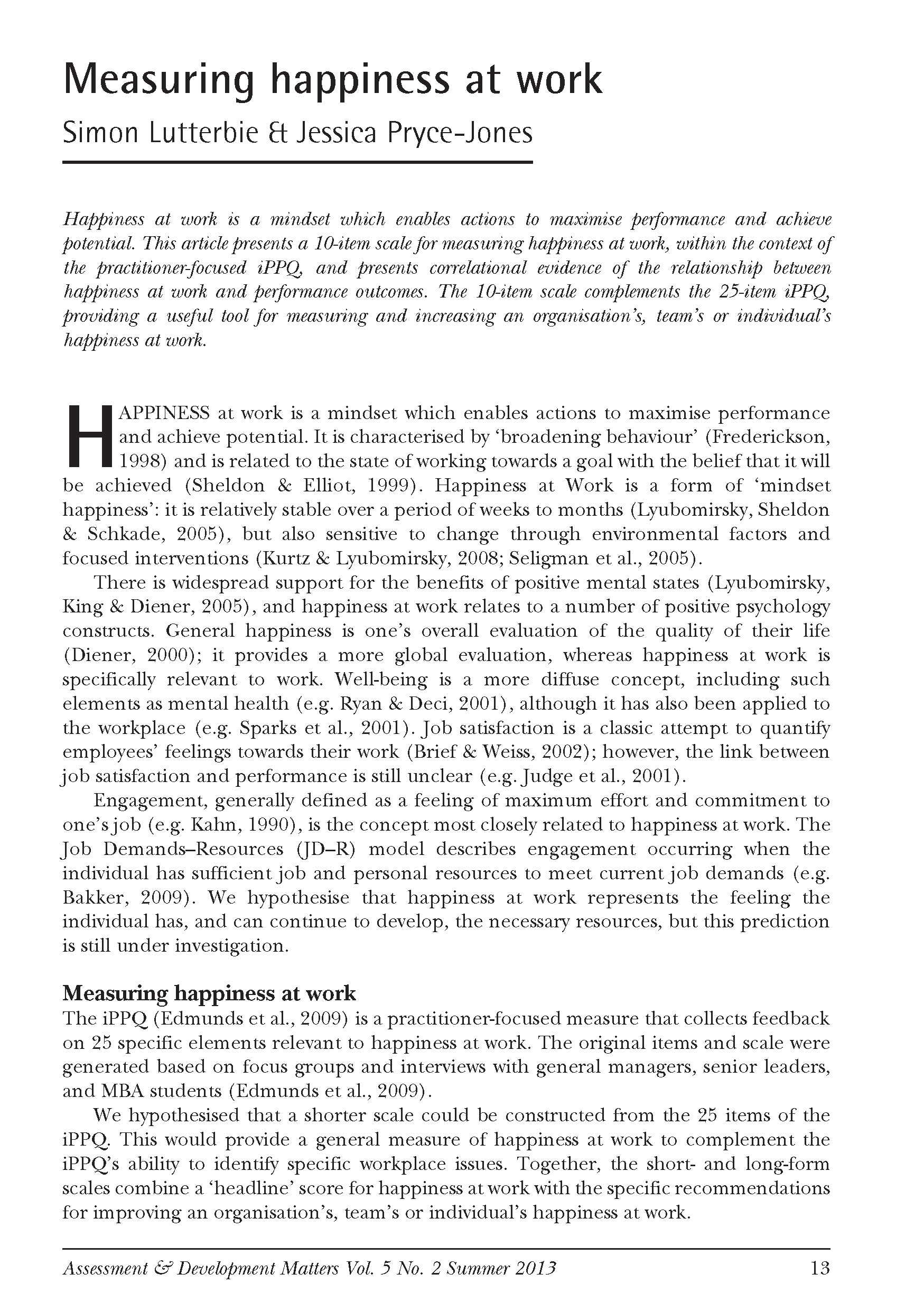 Measuring Happiness at Work: BPS